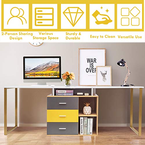 Tangkula 87 inch 2-Person Desk with 3 Storage Drawers & Shelves, Large Computer Desk, Multifunctional L-Shaped Desk Writing Desk Computer Workstation with Spacious Desktop, Home Office Desk