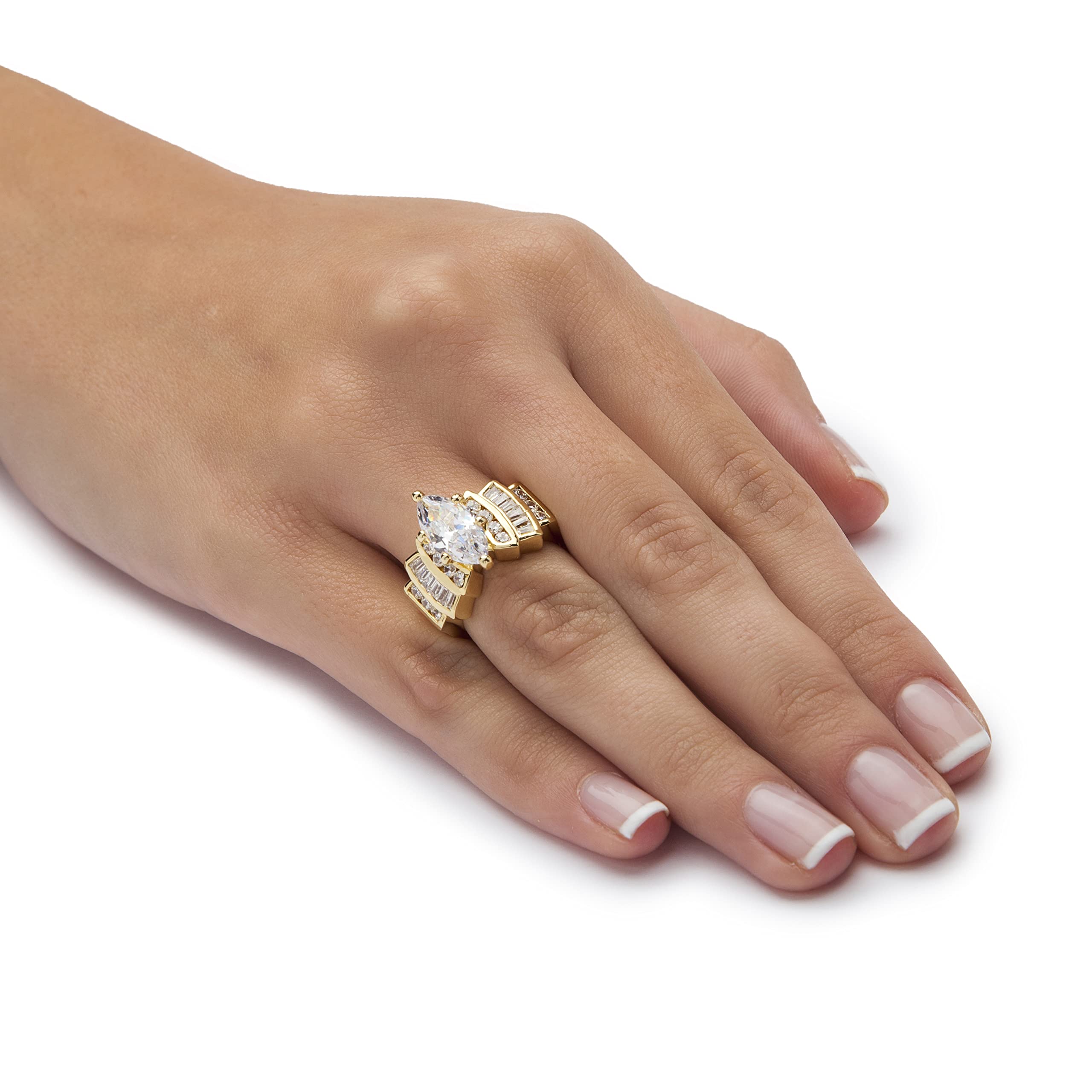 PalmBeach Yellow Gold-Plated or Silvertone Marquise Cut Cubic Zirconia Step Top Engagement Ring Size 9