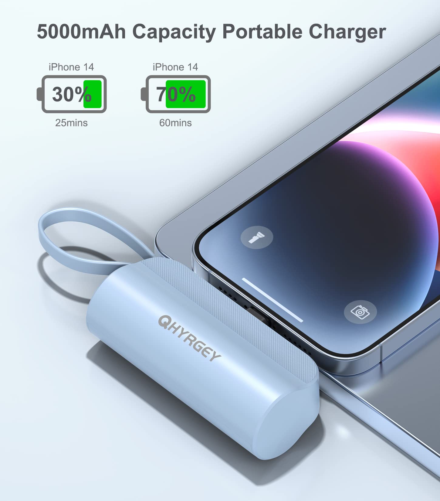 QHYRGEY Mini Portable Charger USB C, Small Power Bank 5000mAh with Built in Cable and Cell Phone Holder, Battery Pack Compatible with iPhone 15,15Pro,15Plus, Galaxy S23,S22,S21, etc(Blue)