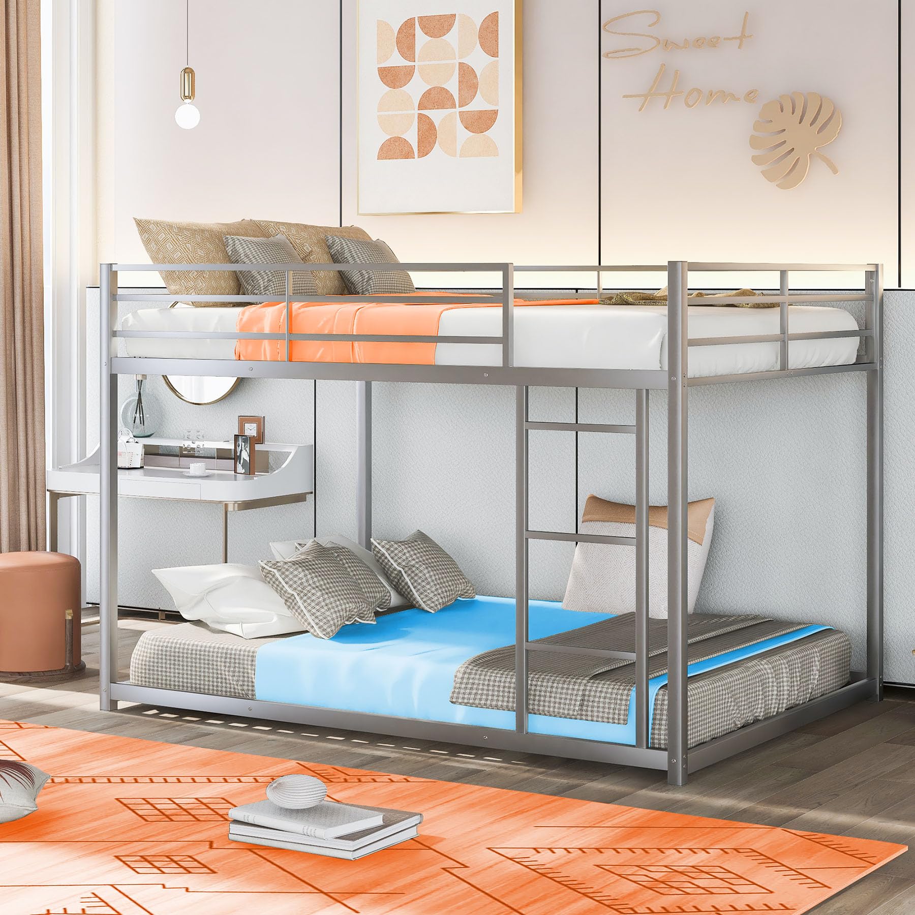 PIETFIU Full Over Full Bunk Beds,Low Profile Metal Full Bunk Bed with Stairs and Guardrail for Teens,Boys,Girls,Easy Assemble (Full Over Full, Silver)
