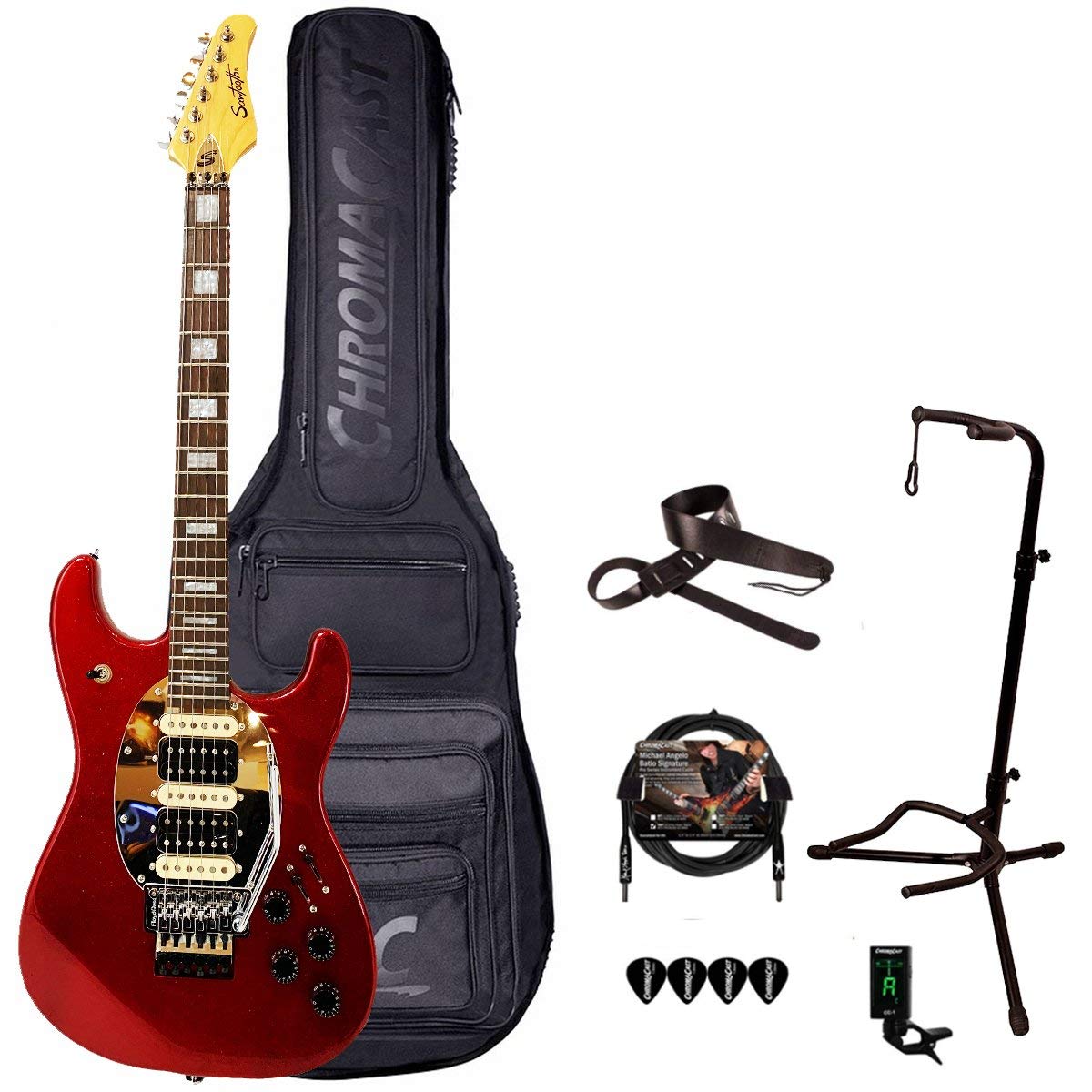 Sawtooth 6 String ES Hybrid Blood Red Sparkle Electric Guitar Designed by Michael Angelo Batio w Gig Bag and Accessories, Right, (ST FL-BRS-KIT)