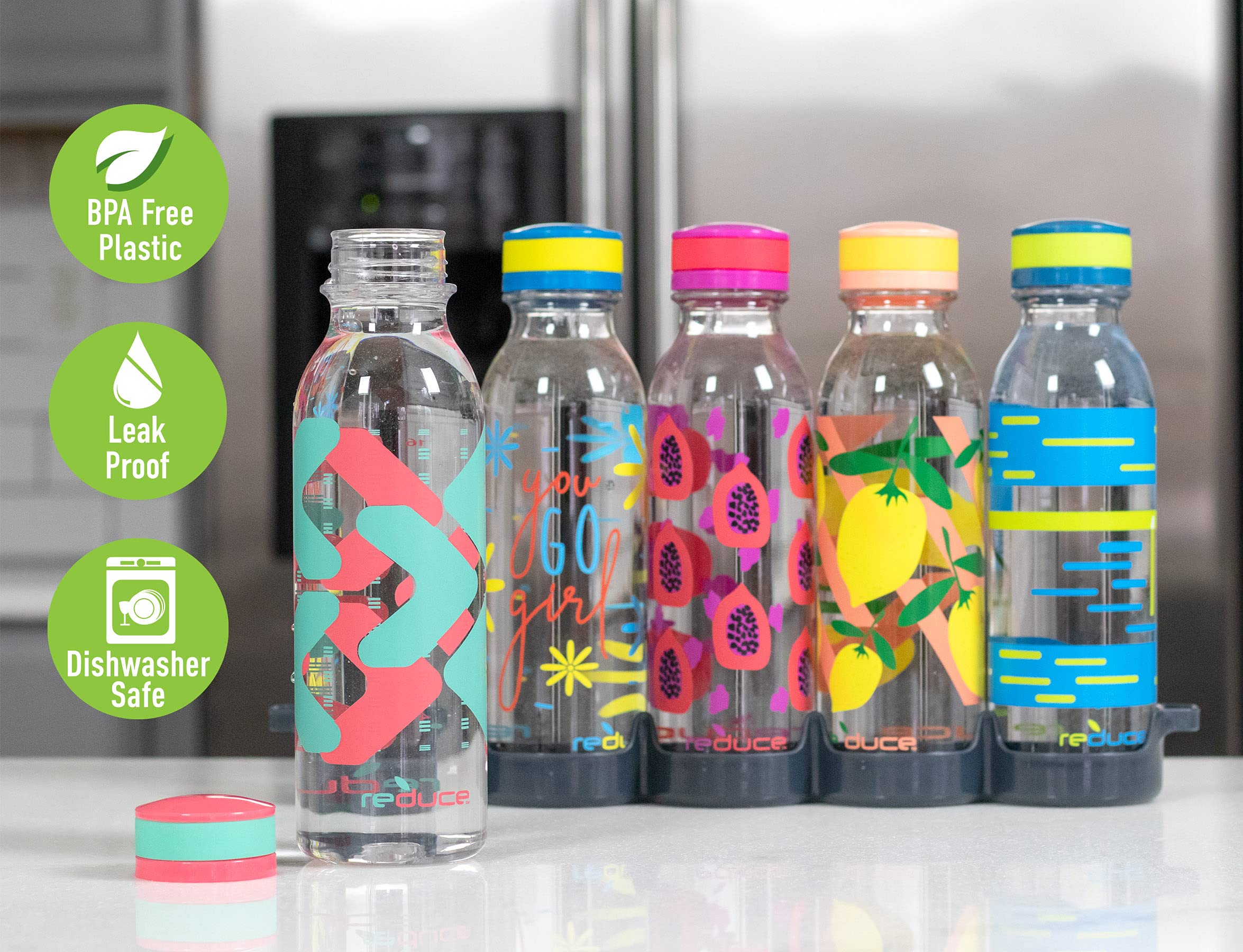 Reduce WaterWeek Reusable Water Bottle Set, 20oz β Plastic Reusable Water Bottle Set of 5, Plus Fridge Tray β BPA-Free, Leak Proof Twist Off Cap β Bliss