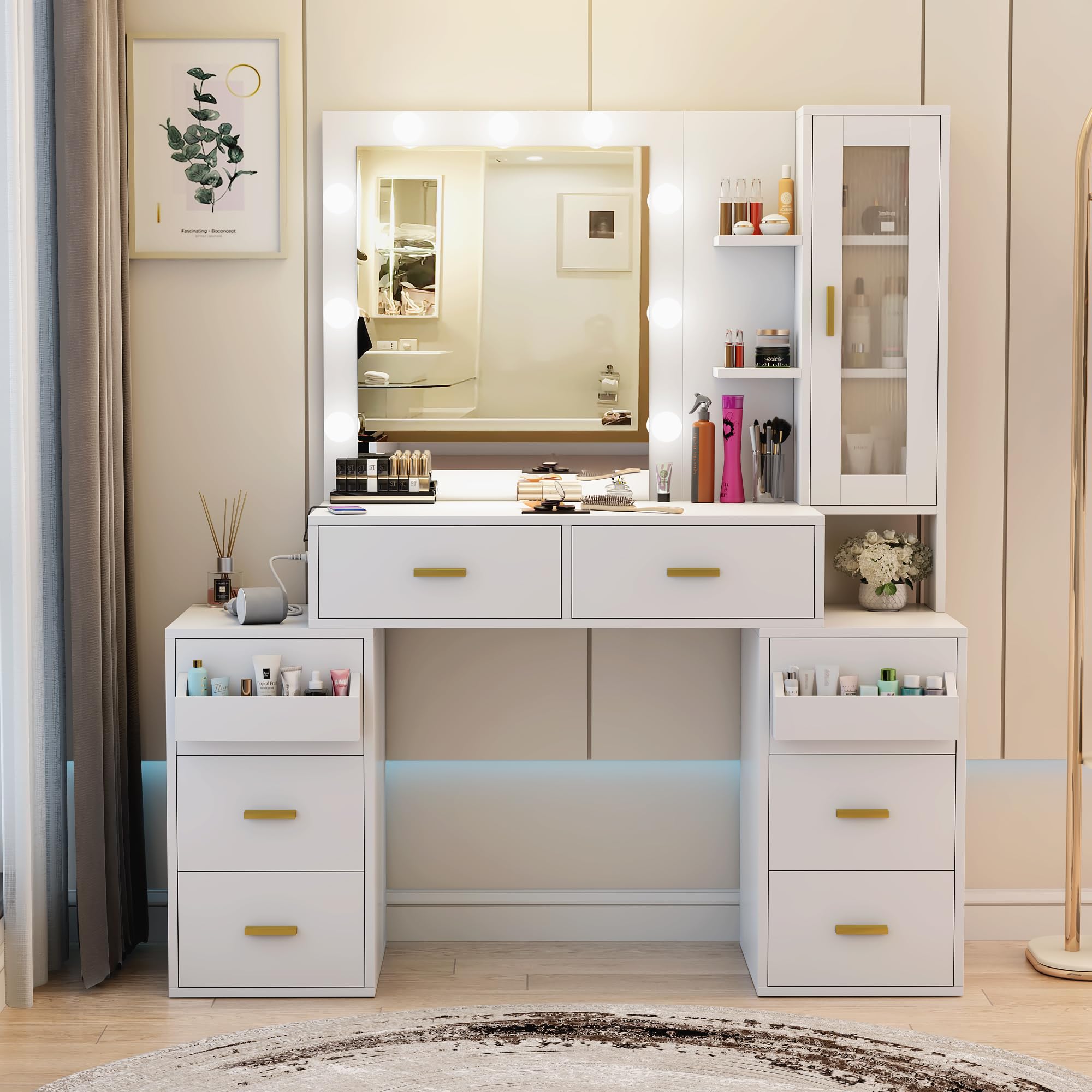 PAKASEPT Vanity Set with Lights, Makeup Vanity Desk with Tri-Fold Mirror, Dresser Table with 2 Drawer and Storage Cabinet, Cushioned Stool for Women Girls White