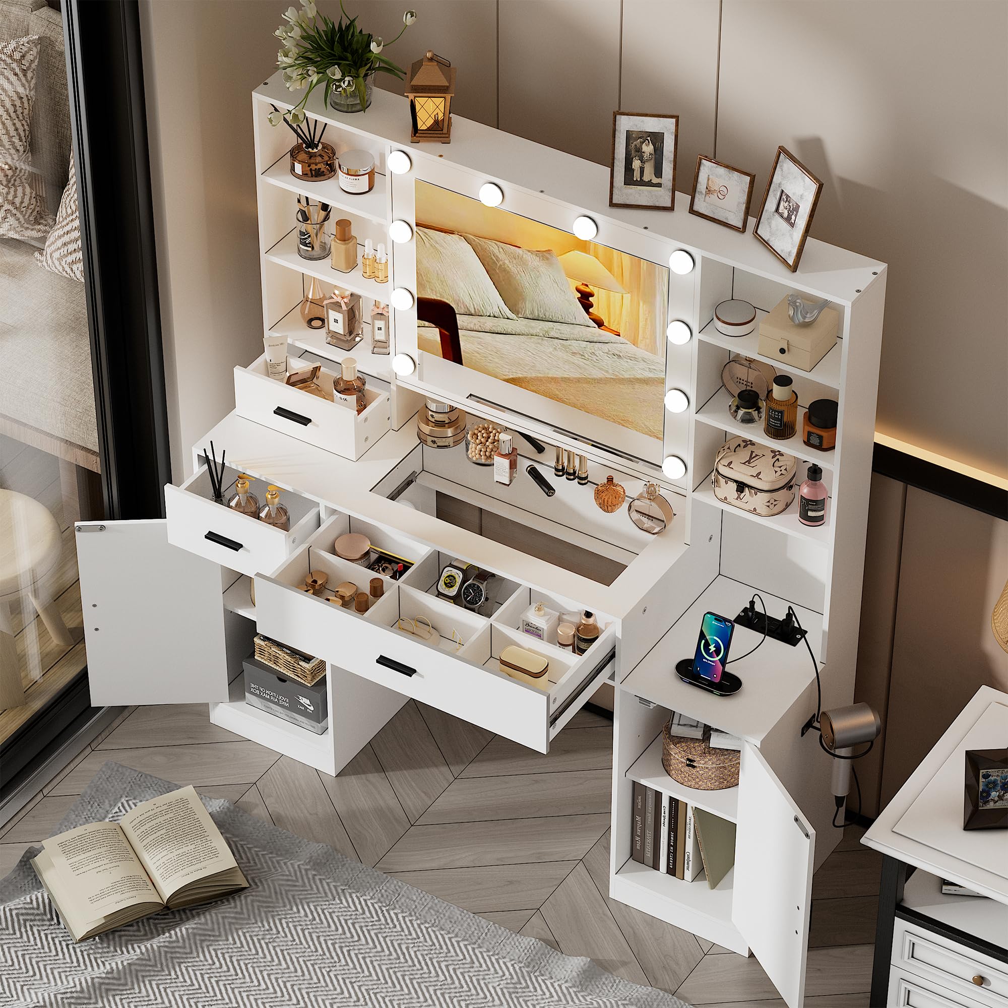 PAKASEPT Vanity Set with Lighted Mirror, Makeup Vanity with 3 Lighting Options and Charging Station, Large Vanity Desk with Storage Shelves, 5 Drawers, Glass Cabinet