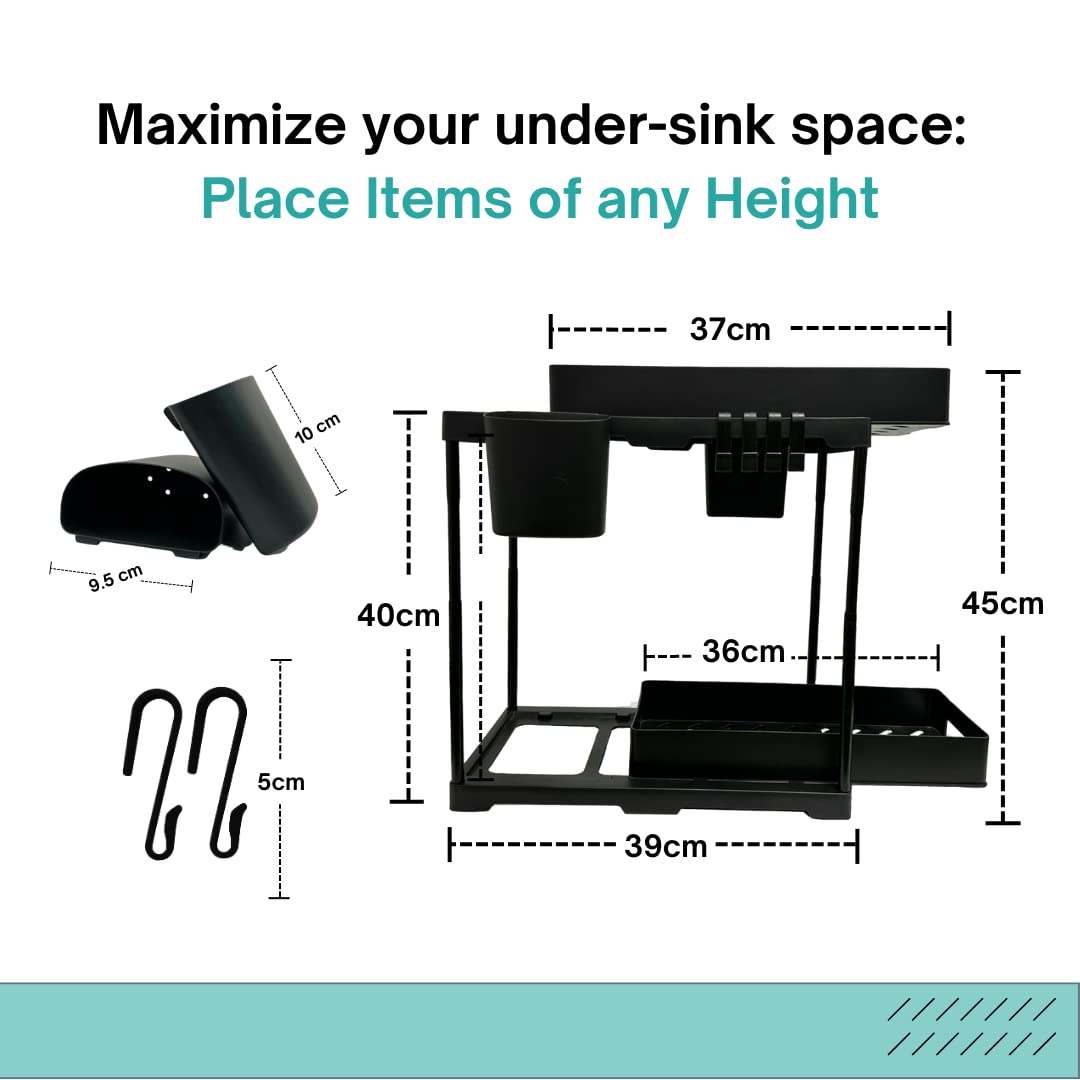 THE DWELLERY Under kitchen sink organizers and storage, 2 Pack under the sink organizer with hooks & Hanging Cup, 2 Tier Large Capacity under sink organizers and storage pull out drawers (Black) (2)