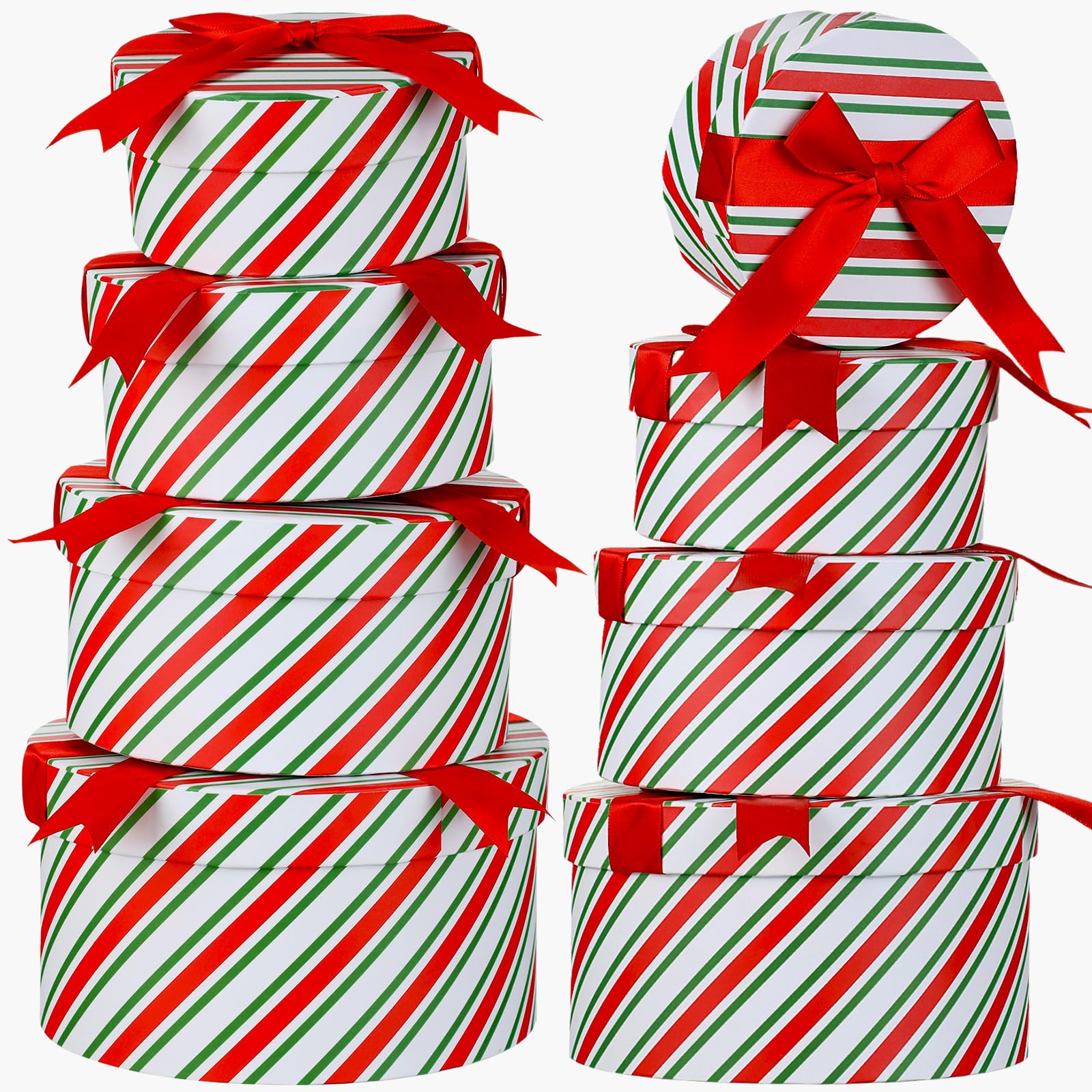 Qilery 8 Pcs Christmas Round Nesting Gift Boxes Candy Cane Gift Boxes Red and White Christmas Cookie Boxes with Lids 4 Assorted Size Stackable Cardboard Box with Red Ribbon for Gift Giving Wrapping