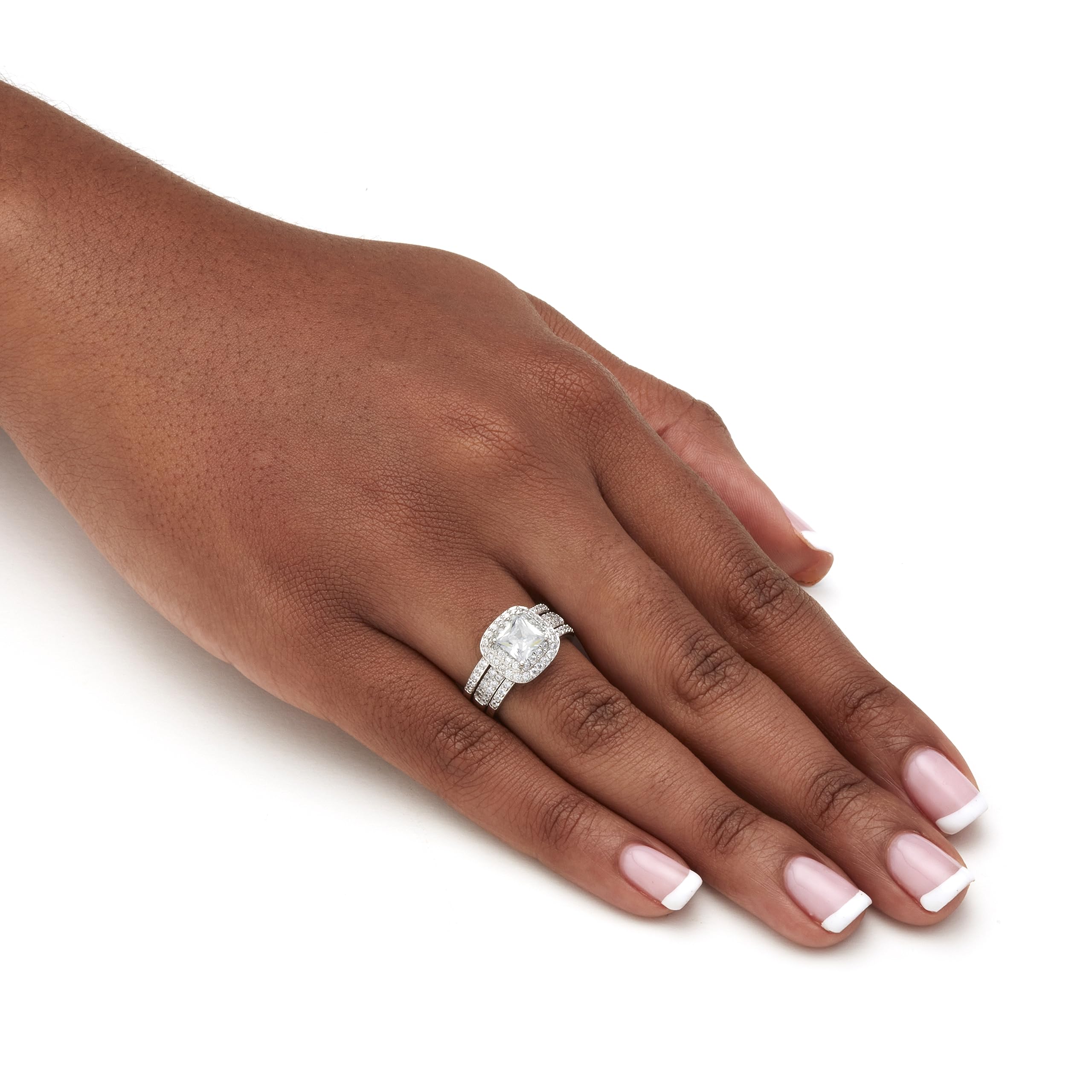 PalmBeach Platinum-plated Sterling Silver Princess Cut Cubic Zirconia Halo 3 Piece Bridal Ring Set Sizes 5-10 Size 7