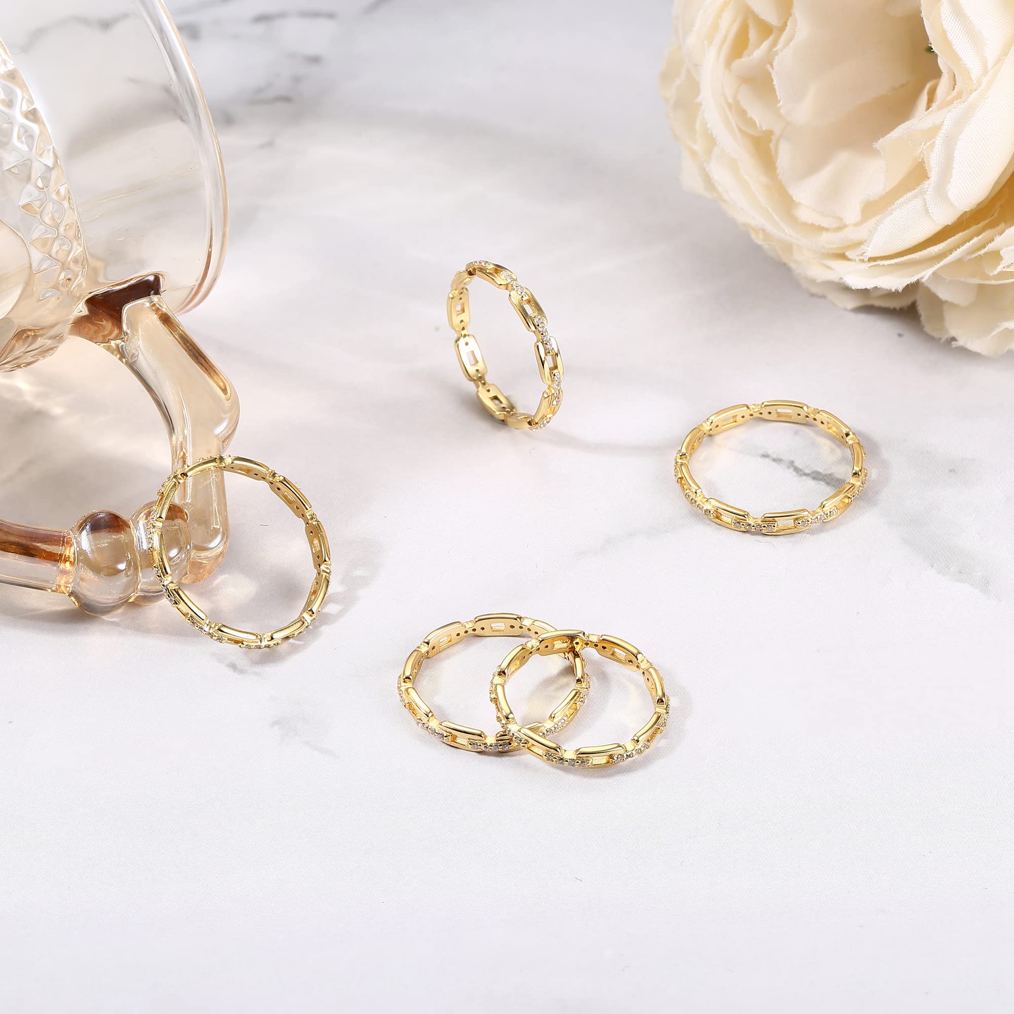 ZELORES 925 Sterling Silver Chain Link Rings for Women Simple Cubic Zirconia Eternity Rings Band Stacking Gold Rings Size 8