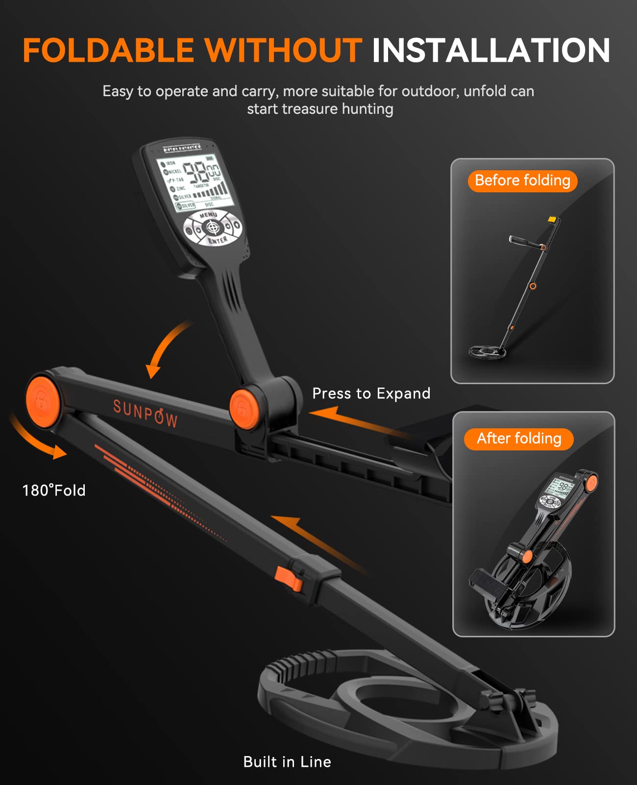 SUNPOW Foldable Metal Detector for Adults, Professional Waterproof Adjustable High Accuracy Folding Metal Detectors with LCD Display,DSP Chip, 11" Coil, 5 Mode,Lightweight Collapsible for Easy Travel