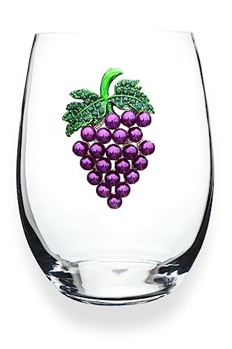 THE QUEENS' JEWELS Purple Grapes Jeweled Stemless Wine Glass, 21 oz. - Unique Gift for Women, Birthday, Cute, Fun, Not Painted, Decorated, Bling, Bedazzled, Rhinestone