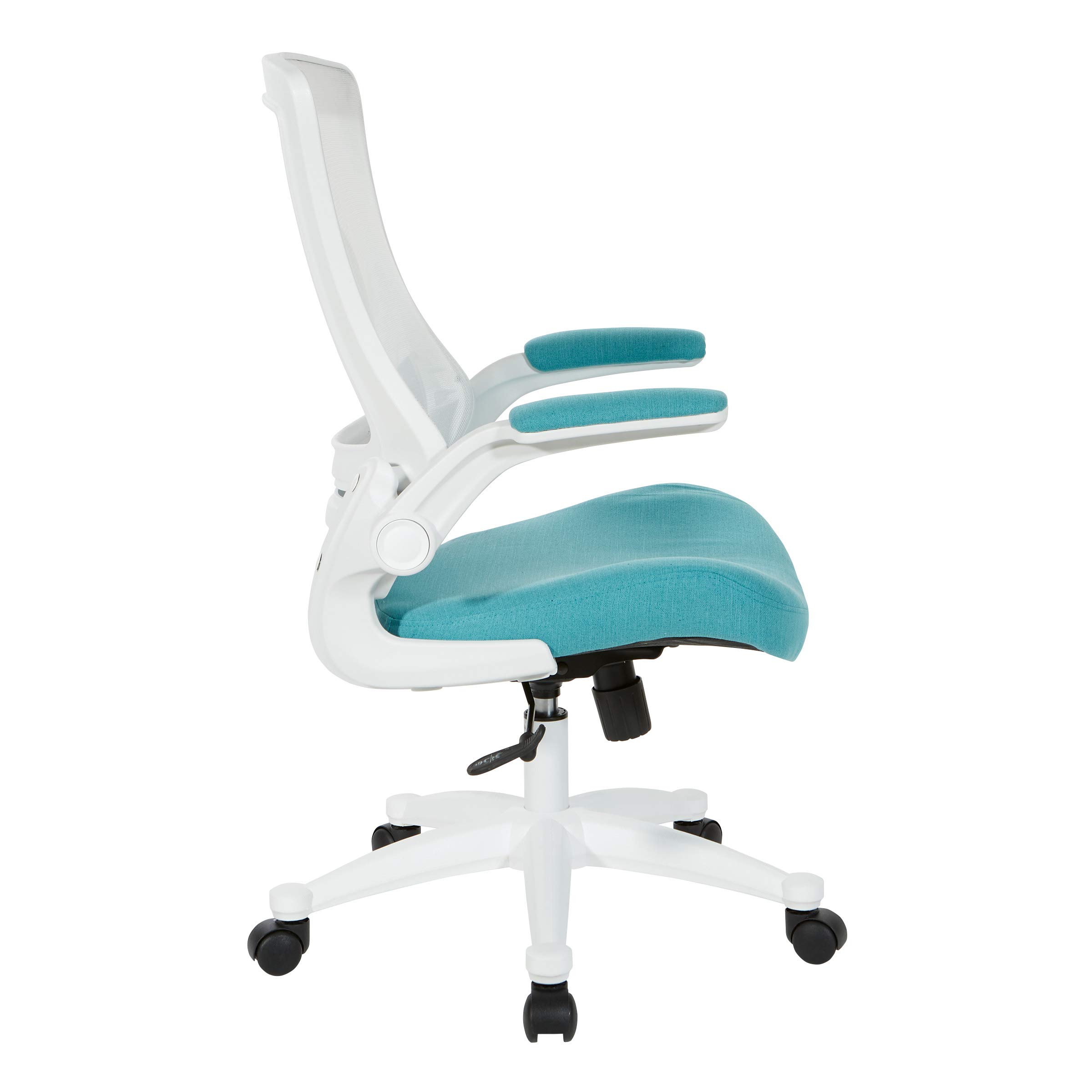 Office Star Ventilated White Screen Back Manager's Office Chair with Padded Color Flip Arms with White Nylon Base, Linen Turquoise Fabric