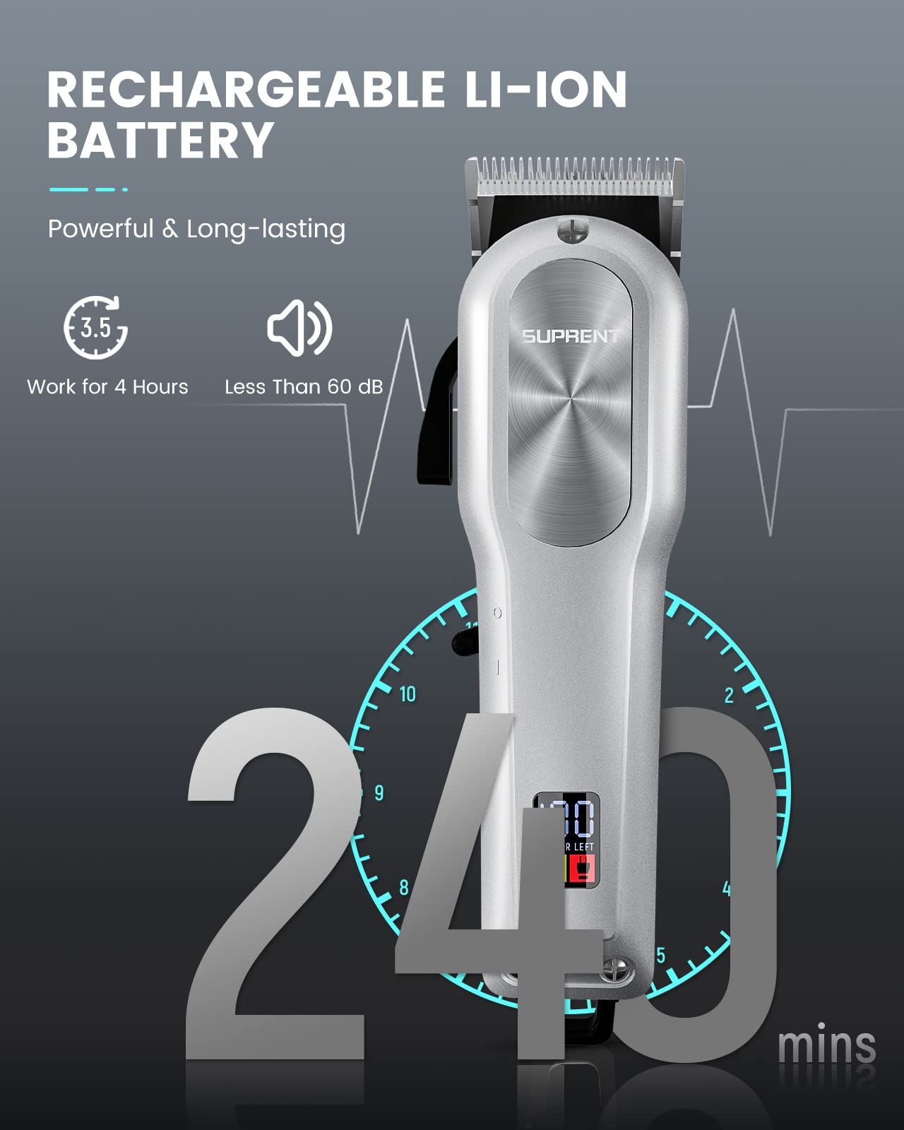 SUPRENT Cordless Hair Clippers for Men, Professional Hair Cutting Kit with 2000mAh Lithium Ion, Barber Clipper Set with Lock-in Length, LED Display