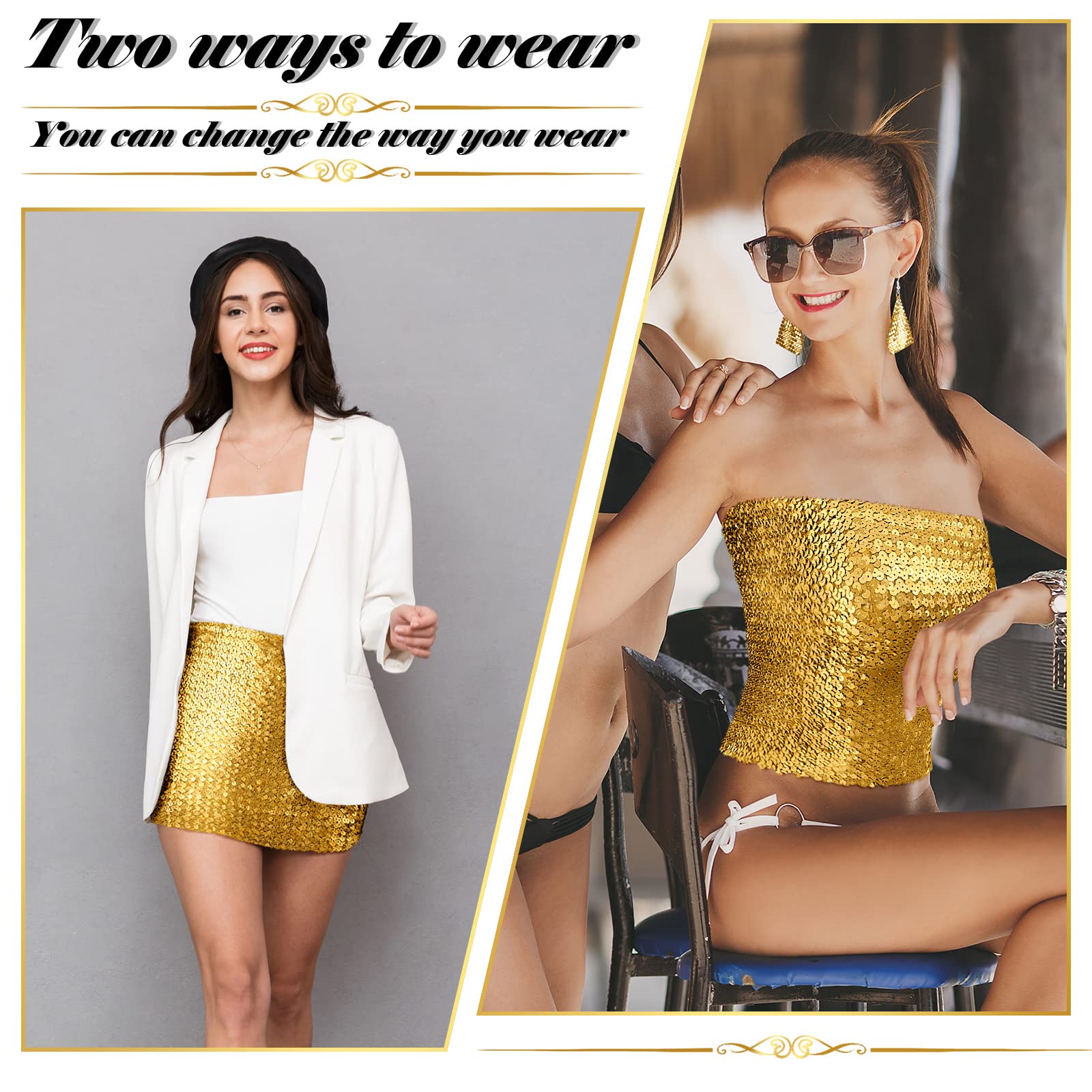 Women's Sparkly Sequin Crop Tops Strapless Metallic Tube Tops with Metal Mesh Drop Dangle Earrings for Party Clubwear (Gold)