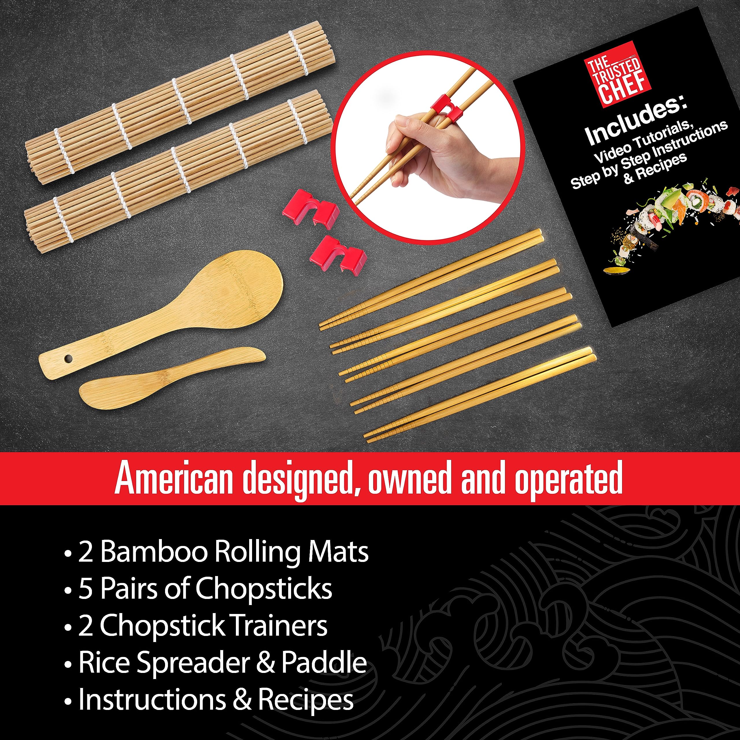 Sushi Making Kit β The Trusted Chef Traditional Sushi Kit comes with-bamboo sushi rolling mats, chopsticks and step by step instructions, videos & Sushi recipes to get you started.