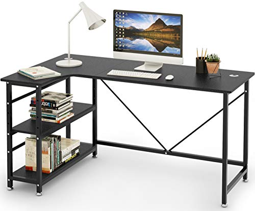 SEISSO Modern L-Shaped Computer Desk with Adjustable Storage Shelves, 55 Inch Black Corner Writing Table Workstation Pc Laptop Gaming Desk with Bookshelf for Home Office Study Bedroom Small Space