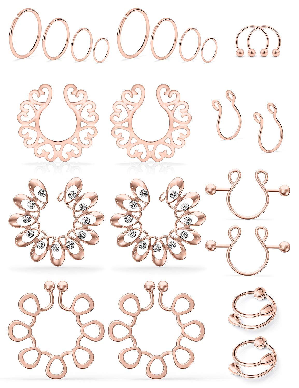 SCERRING Fake Nipple Ring Stainless Steel Non-Piercing Nipple Rings Clip On Nipplerings Faux Body Piercing Jewelry for Women Men 11 Pairs Rose Gold