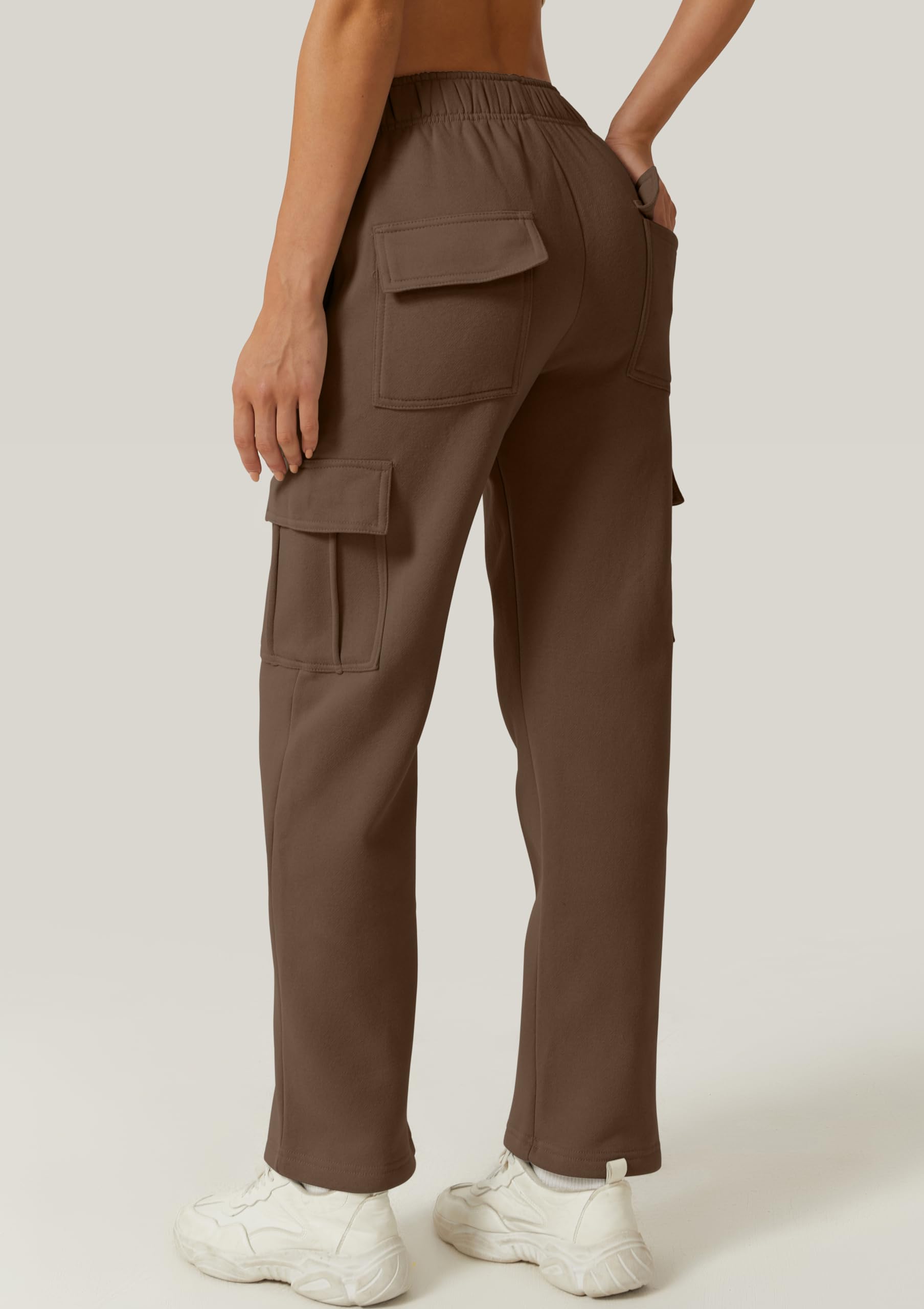 QINSEN Medium Waist Sweatpants for Women Baggy Fit Casual Long Pocket Cargo Pants Brown S