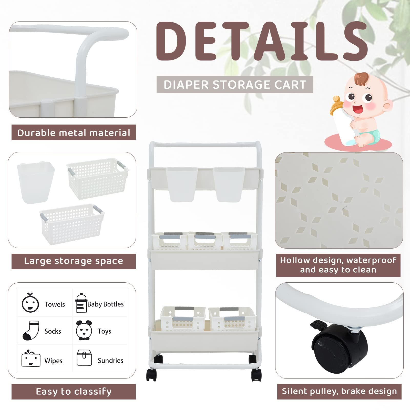 Tanlade Baby Diaper Cart Organizer 3 Tier Diaper Caddy Organizer with Wheels Baby Diaper Storage Organizer Nursery Cart Diaper Caddy with Baskets Hanging Cups Sticker for Crib Changing Table, White