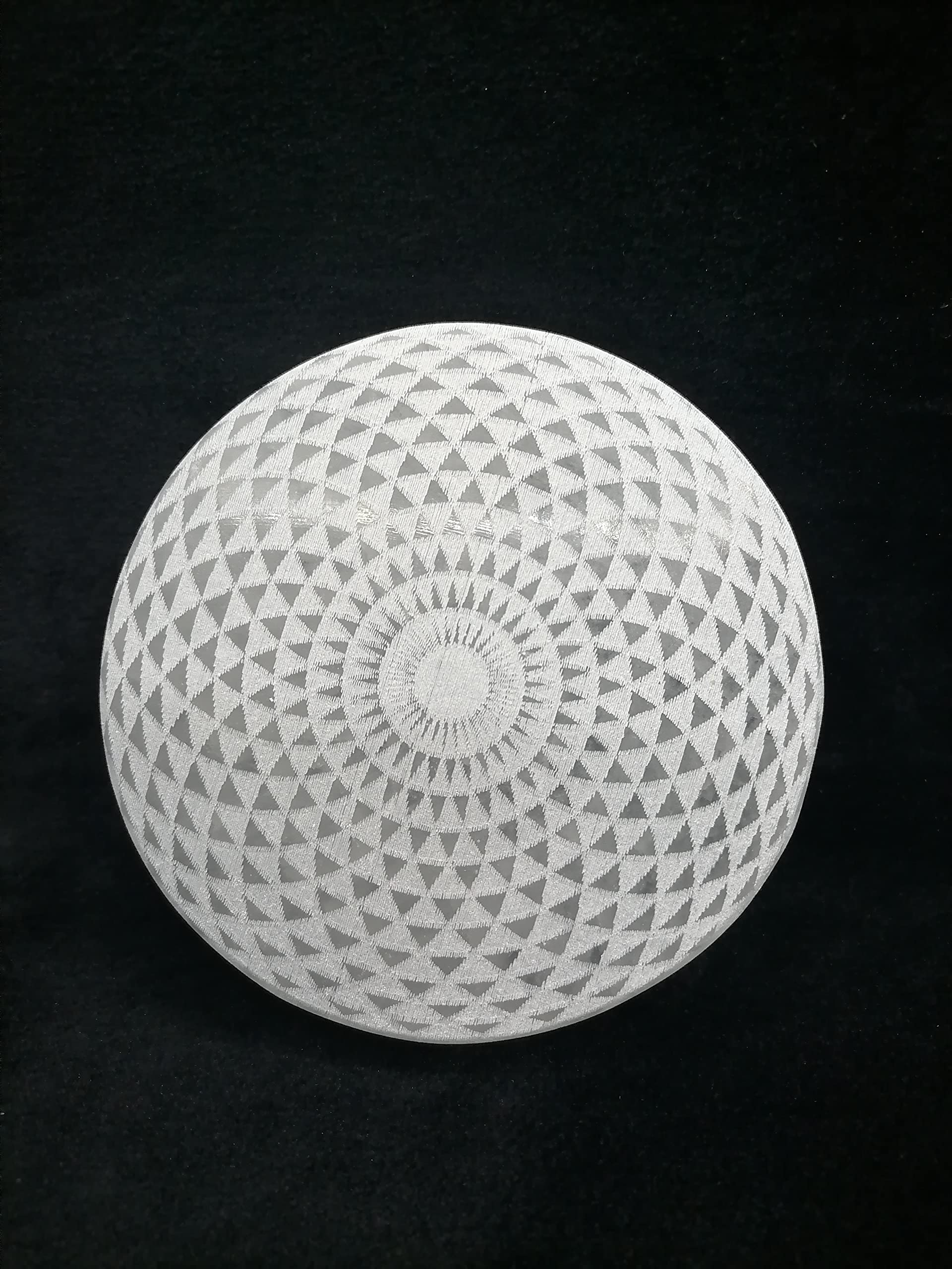 Selenite Circle Plate Laser Engraved 3D Design, Cleans and Remove Negative Energy, Size 10*10 cm 280 gr White