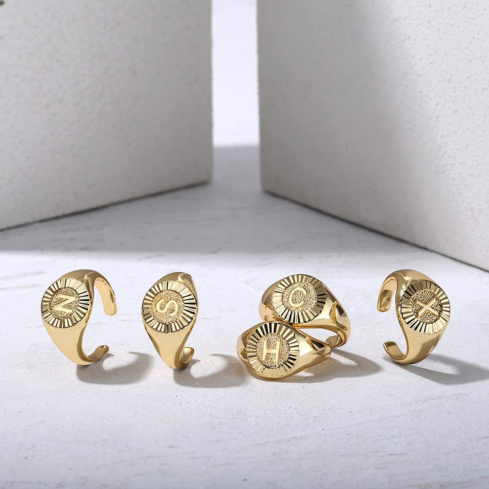 Trendsmax Chic Gold Plated Initial Letter S Signet Statement Open Band Ring for Women Girls Stylish Knuckle Stackable Party Open Ring Size 7.5