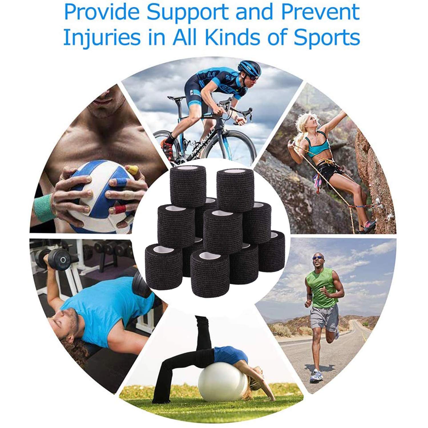 Self Adherent Cohesive Bandages 2" x 5 Yards - 12 Pack Self Adherent Wrap Medical Tape, Black Adhesive Flexible Breathable First Aid Gauze Wrap for Medical Use, Sports, First Aid Wrist Ankle (Black)
