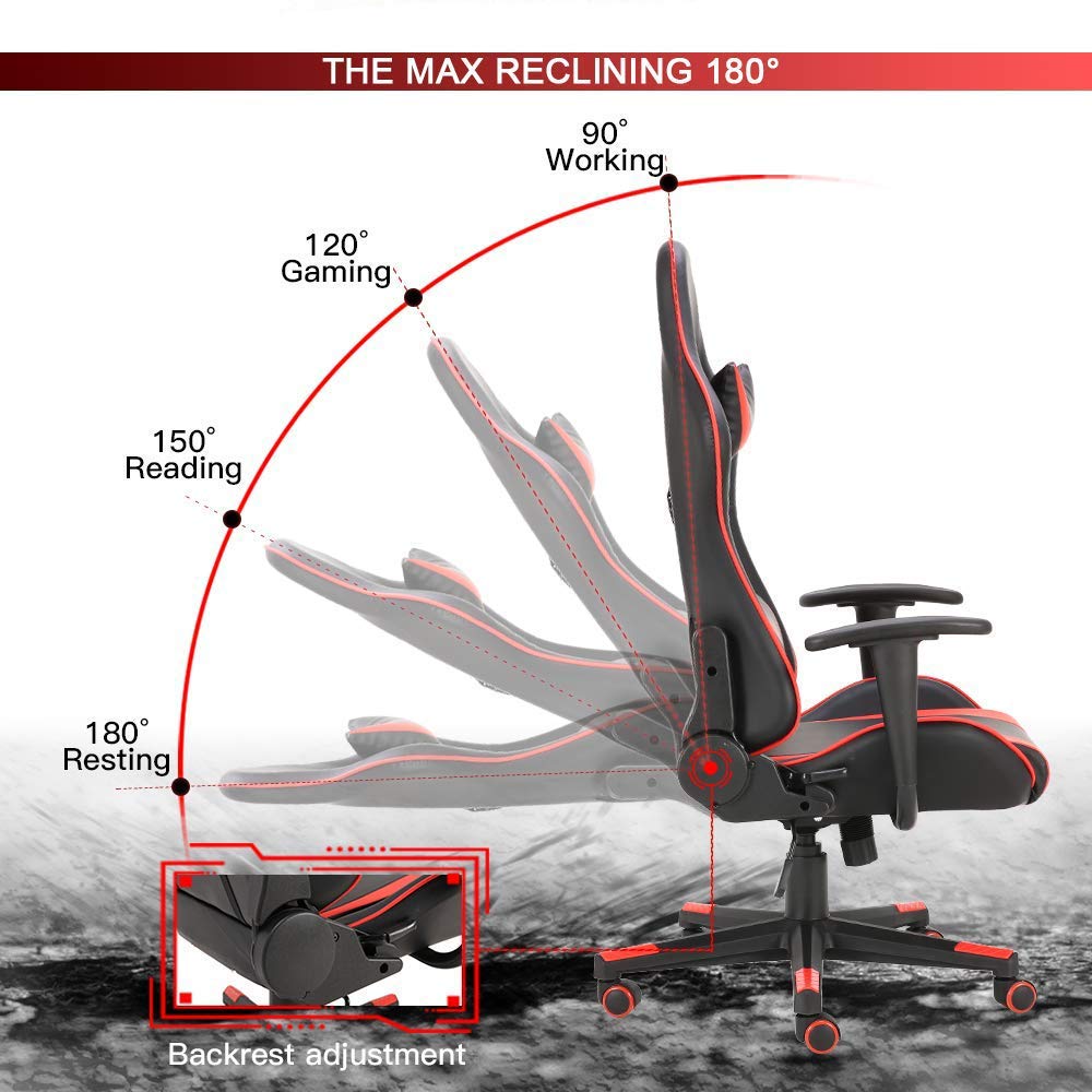 OGEFER Gaming Chair PC Computer Chair Racing Style Ergonomic with Massage Headrest Pillow Lumbar Support Armrest Home Office Swivel Chair Rocking Function 180 Degree Reclining Black Red