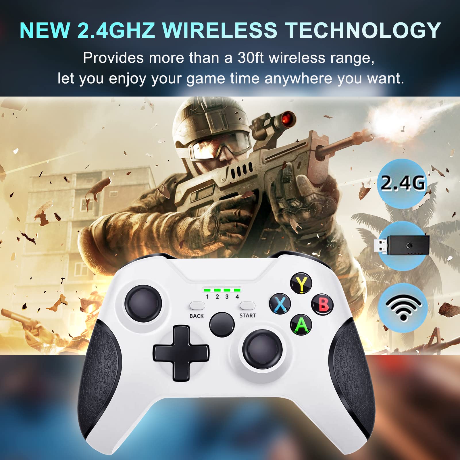 Wireless Controller for Xbox One, 2.4GHZ Game Controller Compatible with Xbox One/One S/One X/One Series X/S/Elite/PC Windows 7/8/10 with Built-in Dual Vibration (White)