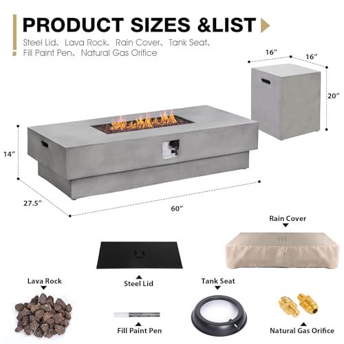 ReeQuo 60-inch Outdoor Propane Fire Pit Table Set - 2-Piece, 50,000 BTU, Concrete Large Rectangular Fire Table with Lid, Propane Tank Table, Lava Rocks, Rain Cover - Perfect Firepit for Outdoor Use