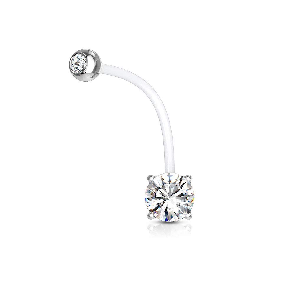 Pierced Owl Double Jeweled Prong Set Round CZ Crystal Pregnancy Maternity Bioflex Belly Button Navel Ring (Clear)