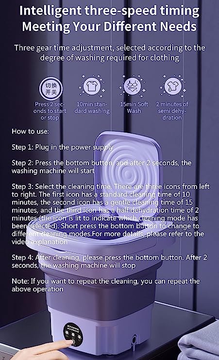 Portable Washing Machine, 8L High Capacity Mini Washer with 3 Modes Deep Cleaning Half Automatic Washt, Foldable Washing Machine with Soft Spin Dry for Socks, Baby Clothes, Towels (Purple)