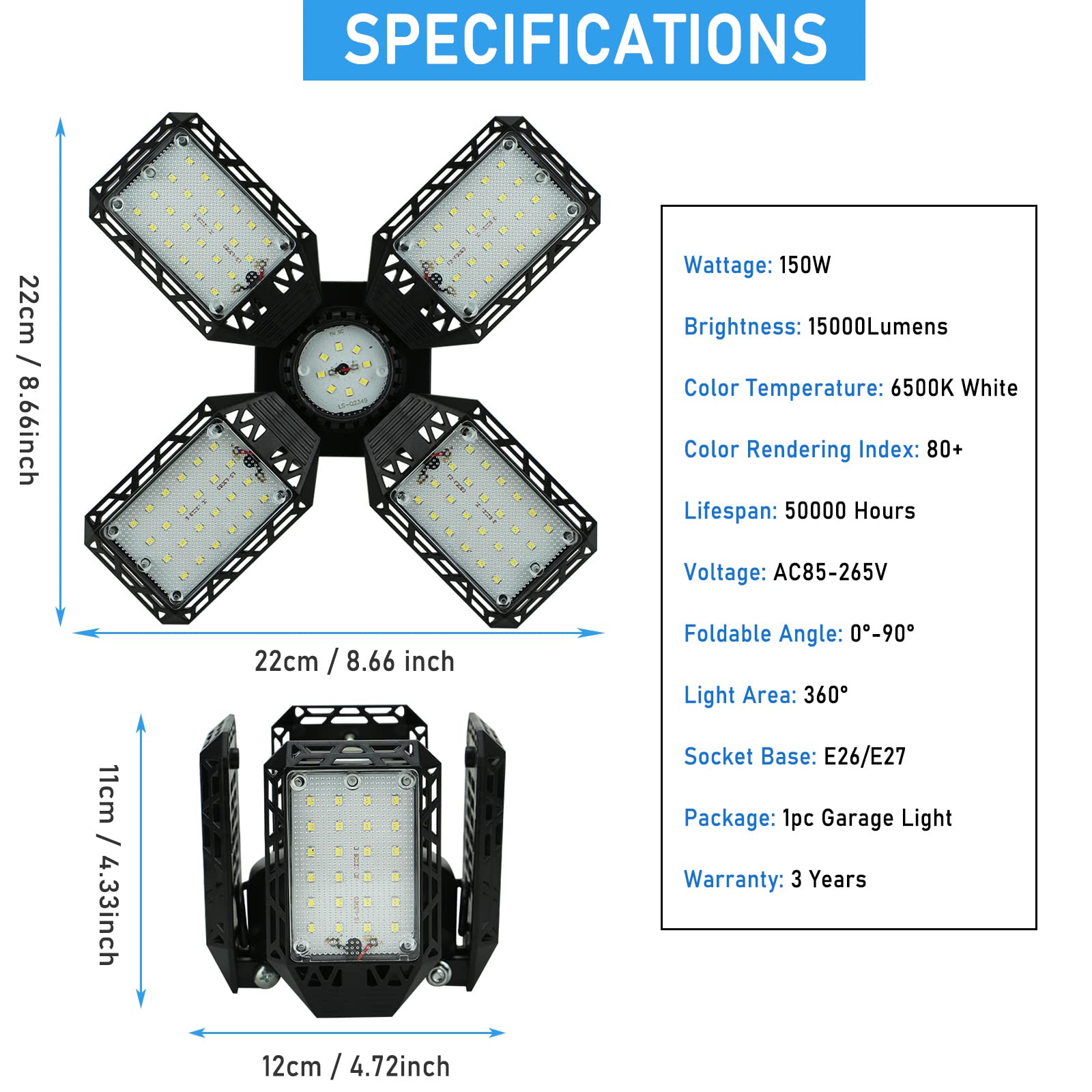 QiyuanLS LED Garage Light,150W Deformable LED Garage Ceiling Lights,15000LM Garage Lights with 4 Adjustable Panels, E26/E27 LED Shop Lights for Garage, Basement, Barn, Workshop,High Bay Light
