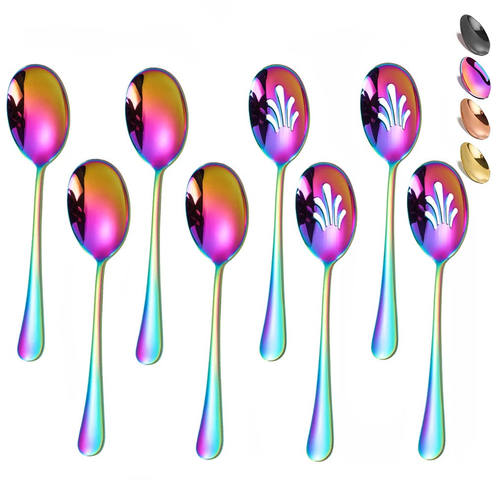 Rainbow Serving Spoons x 4, Rainbow Slotted Spoons x 4, 8.7 inches Rainbow Stainless Steel Serving Spoons Set for Buffet Can Banquet Cooking Kitchen-S (Rainbow4+4)