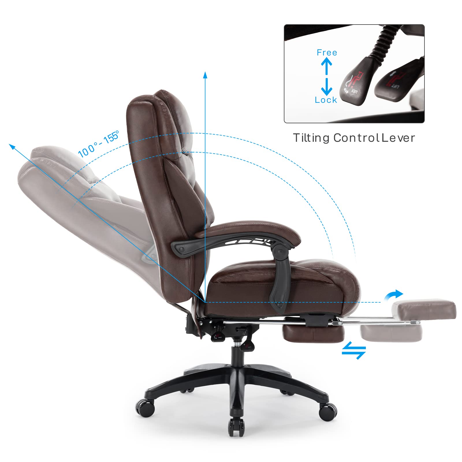 Sumeimics Big and Tall Office Chair Heavy Duty Office Executive Chair Reclining Office Chair with Footrest Brown
