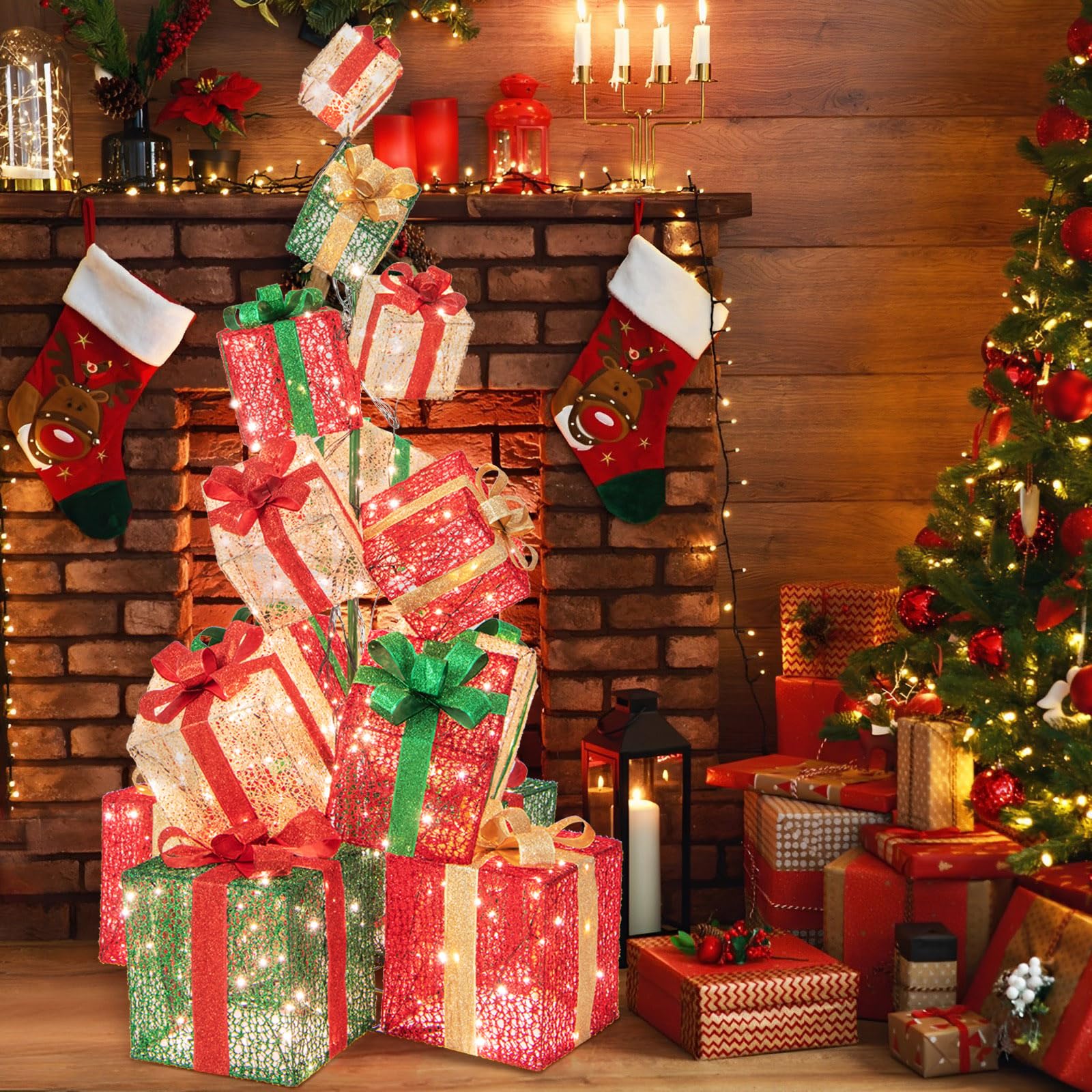 Tangkula 5.6 FT Lighted Box Tower, 15 Stacked Pre-lit Boxes with 450 Warm White Lights, Metal Base, Ribbons & Bows, Light up Gift Box Decorations for Indoor Outdoor
