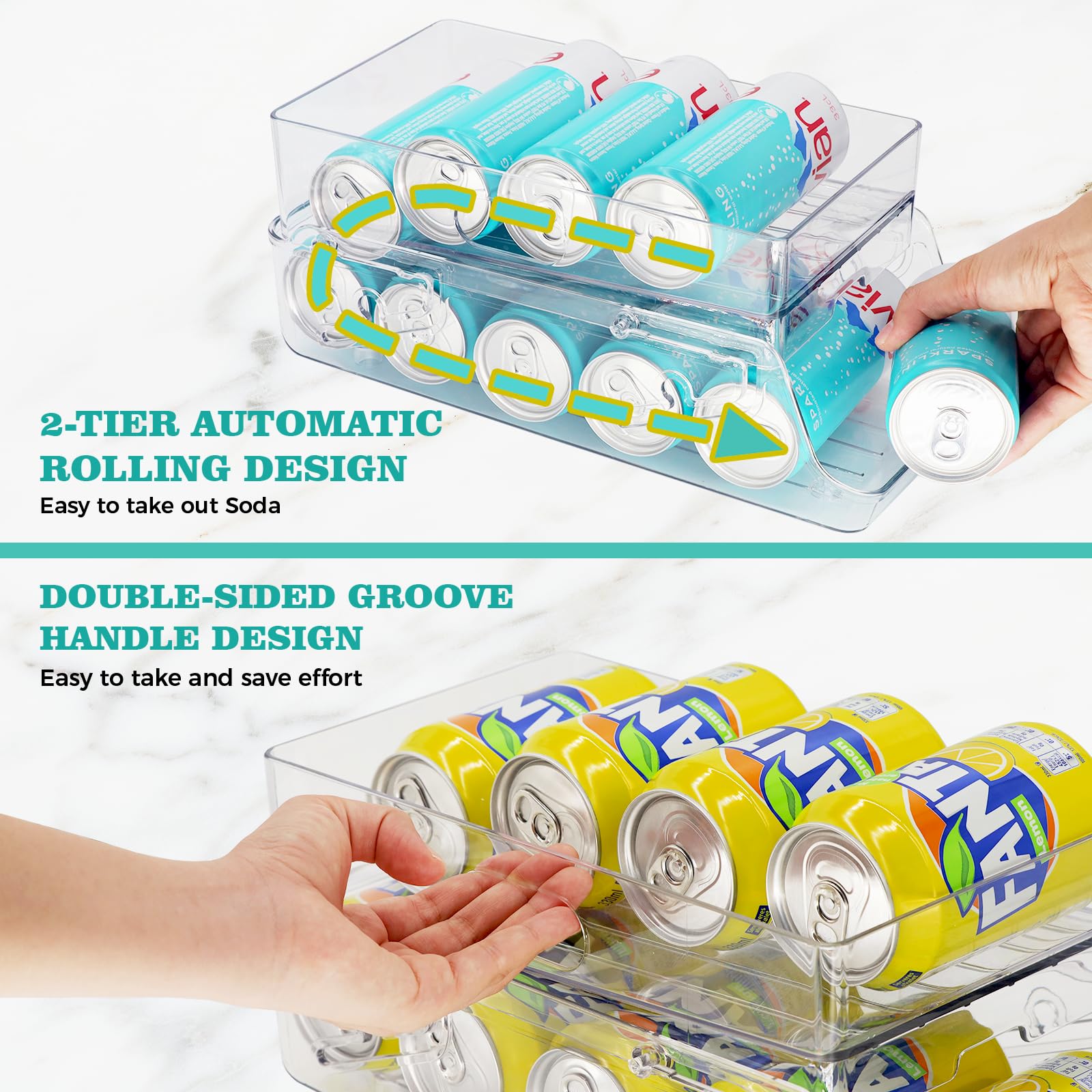 SCAVATA 2 Pack Rolling Soda Can Organizer for Refrigerator, Double-Layer Beverage Can Holder Storage Dispenser for Fridge Rack Freezer, Clear Plastic Beer Storage Canned Food Pop Cans Container
