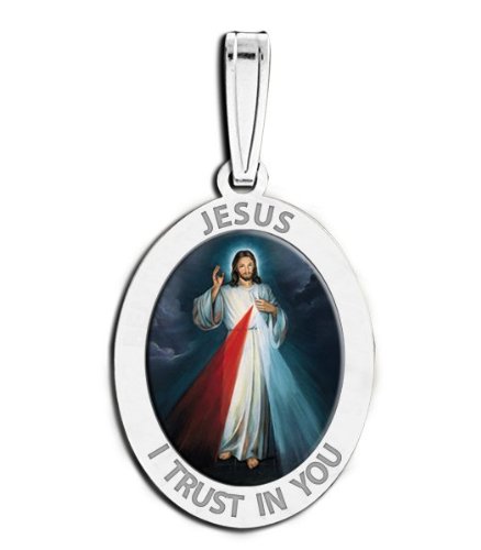 PicturesOnGold.com Divine Mercy Double Sided Oval Religious Medal Color 2/3 X 3/4 Inch Size of Nickel, Sterling Silver