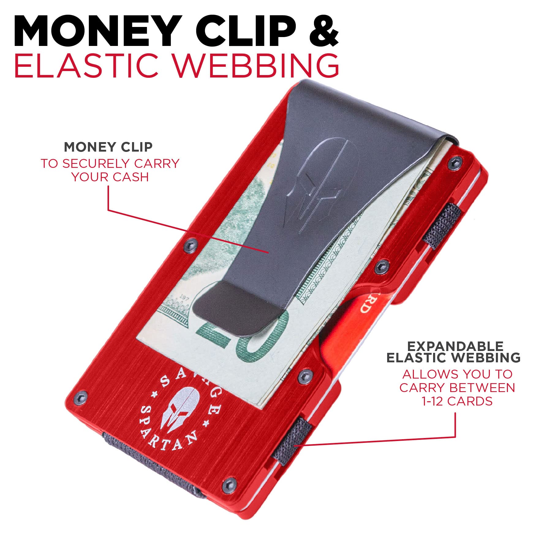 SAVAGE SPARTAN Tactical Wallet | Slim Minimalist RFID Blocking Aluminum Metal Credit Card Holder with Money Clip for Men (Red)