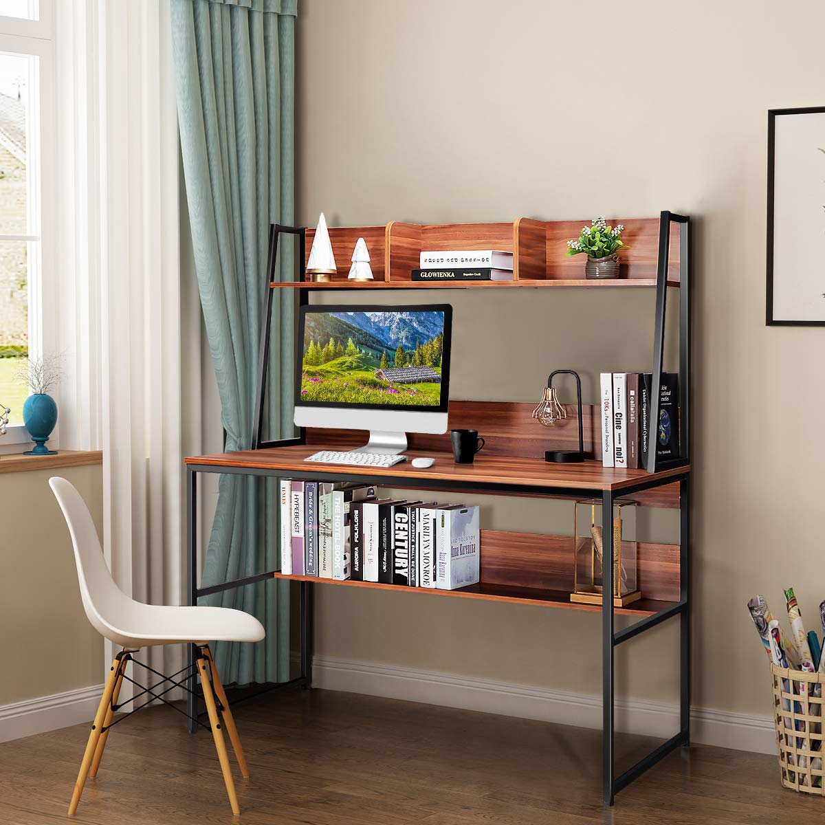 Tangkula Computer Desk with Hutch & Bookshelf, 47 Inches Space Saving Writing Study Table Home Office Desk, PC Laptop Table Workstation with w/ 3 Open Storage Space & Bottom Bookshelf (Brown)