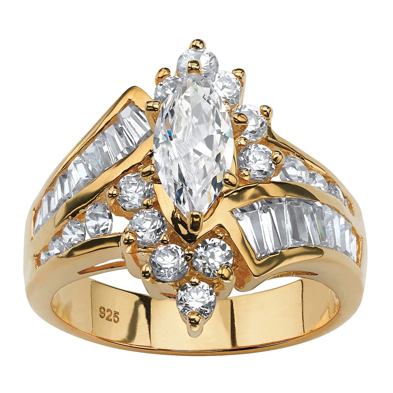 PalmBeach Yellow Gold-Plated Sterling Silver or Platinum-Plated Marquise Shaped and Baguette Cubic Zirconia Bypass Engagement Ring Size 7