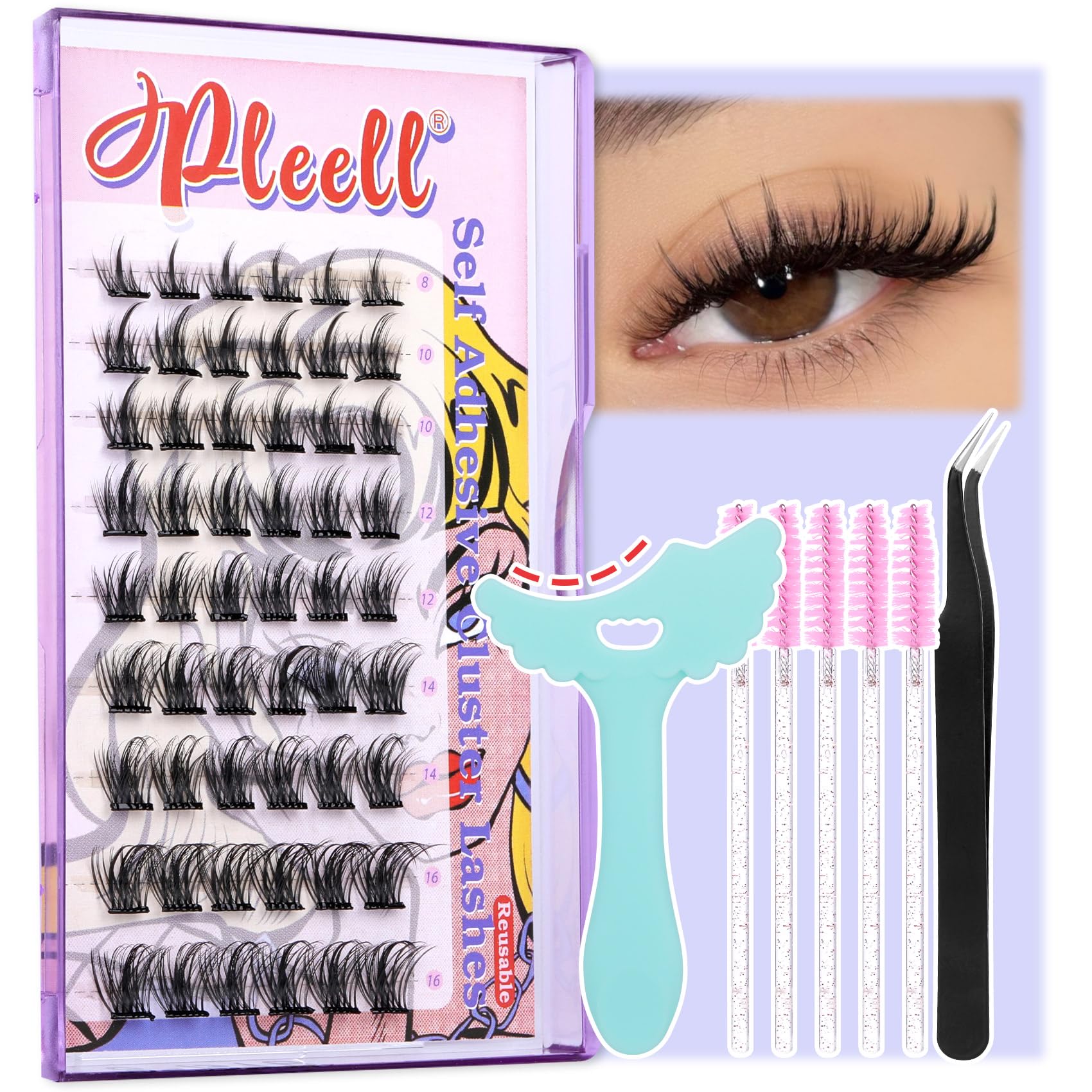 Self Adhesive Lash Clusters Reusable Eyelashes DIY Lash Extension Kit with Eyelash Brush Tool and Lash Tweezers Eyelash Extension Kit for Beginner DIY at Home