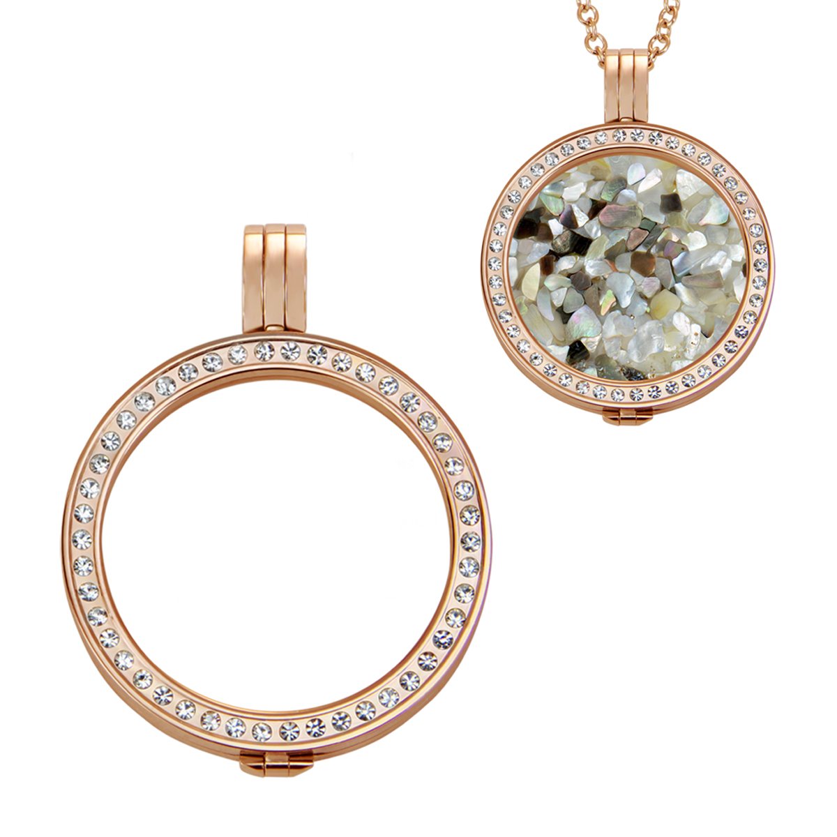 Quiges Rose Gold Plated Stainless Steel Interchangeable 33mm Coin Pendant Holder Locket Zirconia Stones