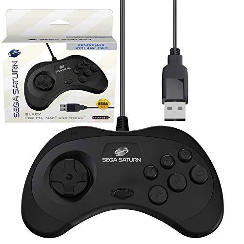 Retro-Bit Official Sega Saturn USB Controller Pad (Model 1) (Old Version) for Sega Genesis Mini, PC, Mac, Steam, RetroPie, Raspberry Pi - USB Port - (Black)