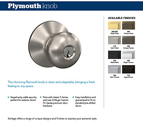 SCHLAGE F51A PLY 622 COL Plymouth Knob with Collins Trim Keyed Entry Lock, Matte Black