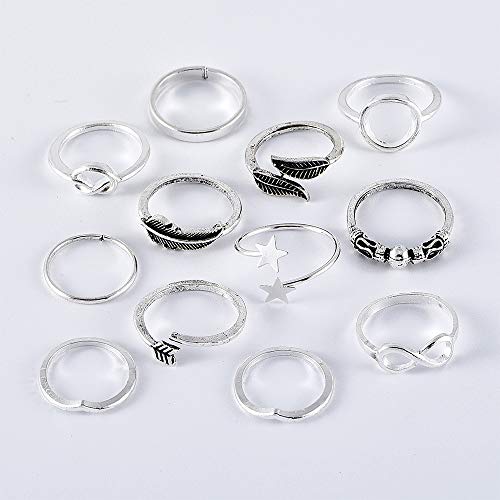 Xerling 12Pcs Women Vintage Silver Ring Set Wave Star Feather Bowknot Knuckle Ring Set Aesthetic Stacking Rings for Women and Girls Teens