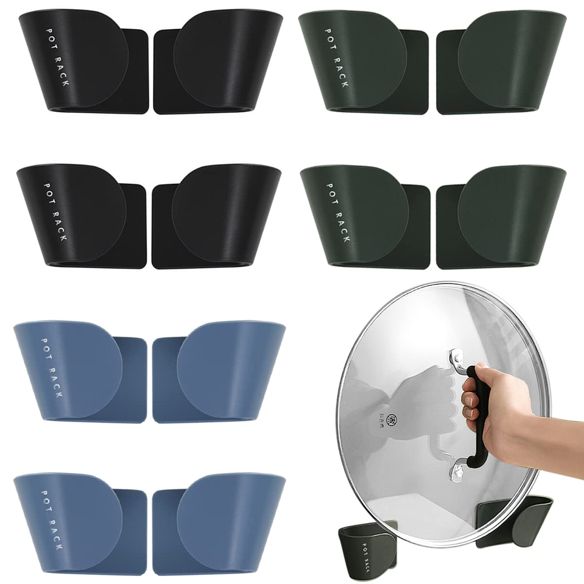 WATHFKCU 6 Pairs Pot Lid Holder for Cabinet Door,Adjustable Wall Mount Pot Lid Rack and Pan Organizer for Kitchen,Save More Space and Freely Adjustable Size(Black,Blue,Green)
