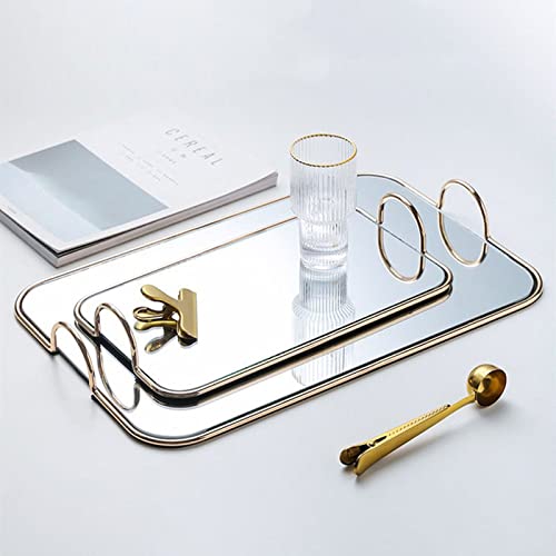 TARVIK Tray Golden Stroke Mirror Trays Cake Dessert Rectangular Storage Tray Binaural Handle Living Room Desktop Store Decorative Plate