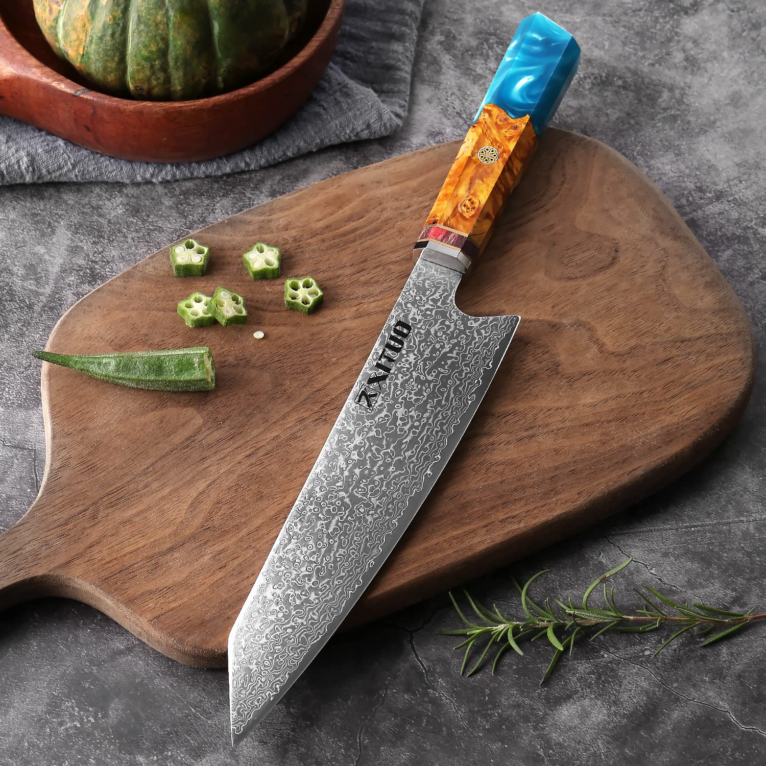 XT XITUO Kiritsuke Chef Knife,8 inch kitchen Knives Japanese VG10 Steel Damascus Kitchen Meat Sushi Cutting Cleaver Knife w/octagon Blue Resin handle Gift Box (8ββ LSZ-Kiritsuke Knife)β¦