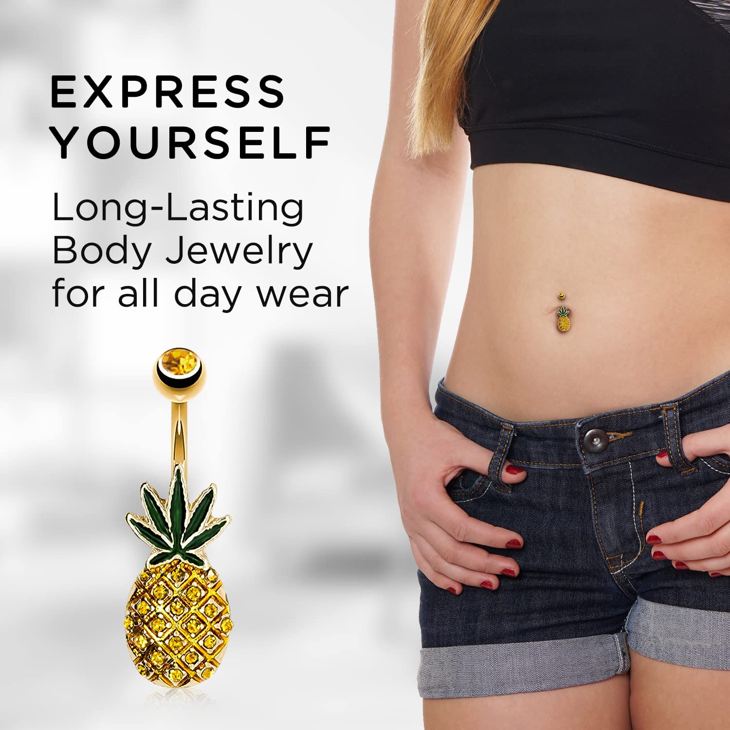 Pierce2GO Gold Pineapple & Weed Marijuana Belly Button Ring - 14G Surgical Steel Pineapple Belly Button Ring - Belly Button Rings Piercing for Women β 7/16β