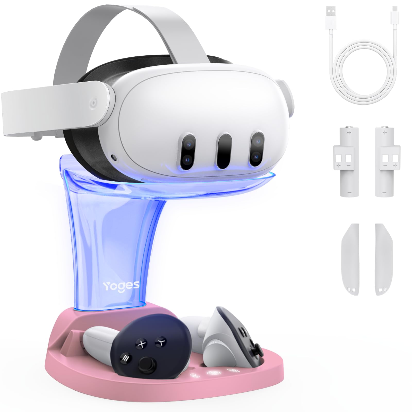 YOGES Charging Dock for Meta Quest 3 with LED Light, Stable Headset Display Stand and Charging Station for Controllers, 2 Rechargeable Batteries and Covers, Red
