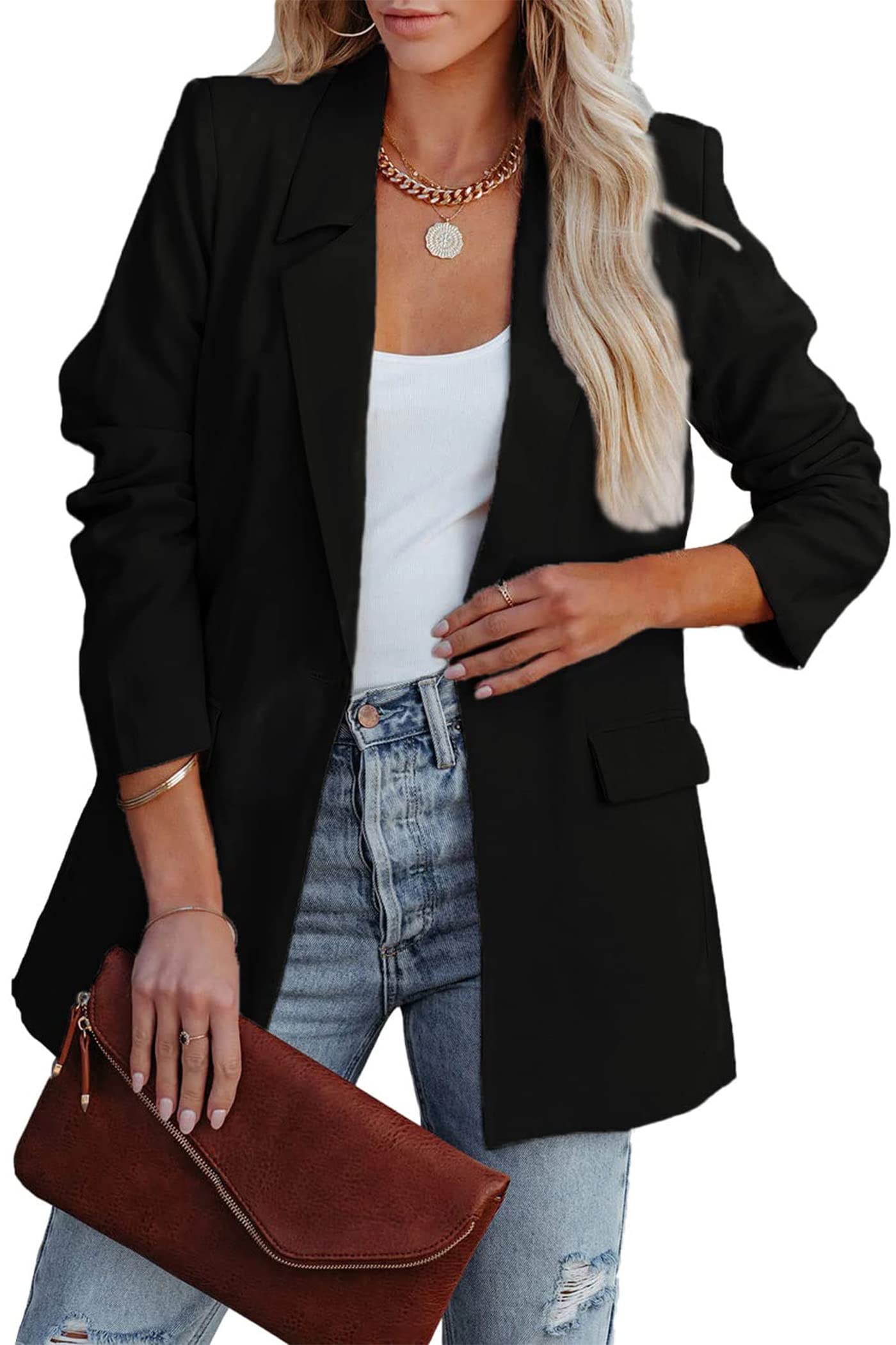 PRETTYGARDEN Women's Casual Blazers Long Sleeve Open Front Button Work Office Blazer Jackets with Pockets (Black,XX-Large)
